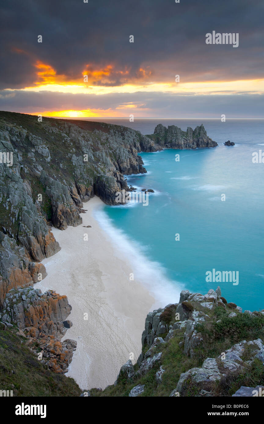 sunrise at Porthcurno, Cornwall, England, UK (NR Stock Photo - Alamy
