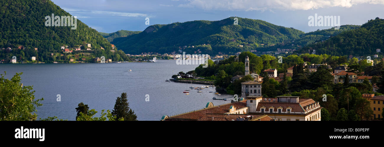 Beautiful summer scenic panorama Lake Como Italy and town elevated ...