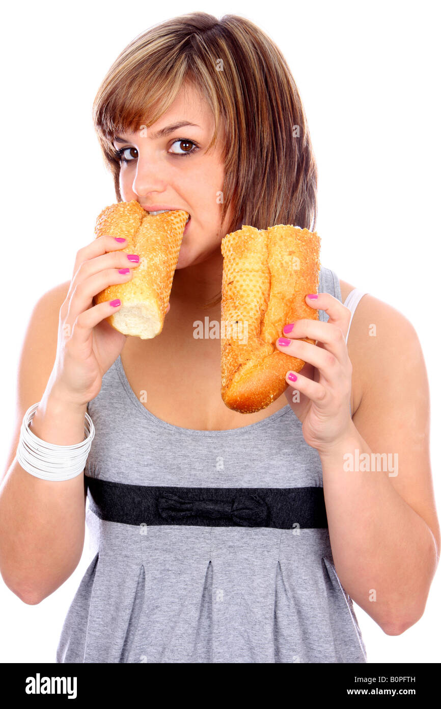 Young Woman Eating French Stick Bread Model Released Stock Photo - Alamy