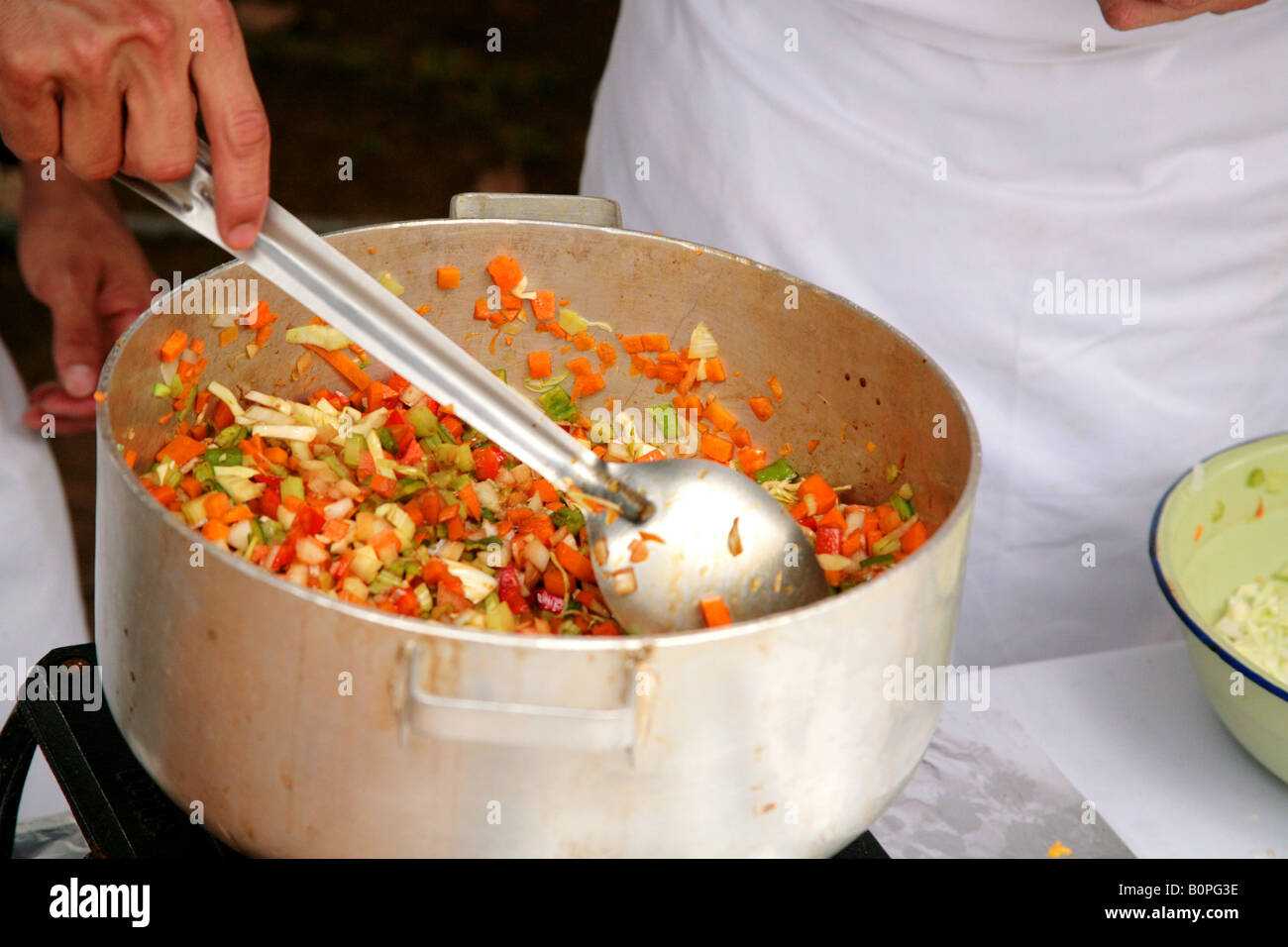 Vegetables to be used as ingredients mixed and cooked on a pot over a ...