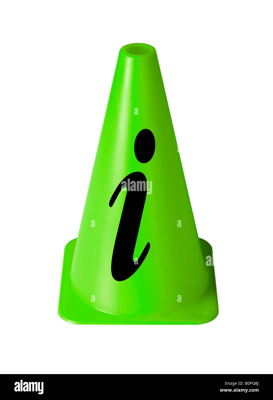 bright green safety cone with information sign printed on against white ...