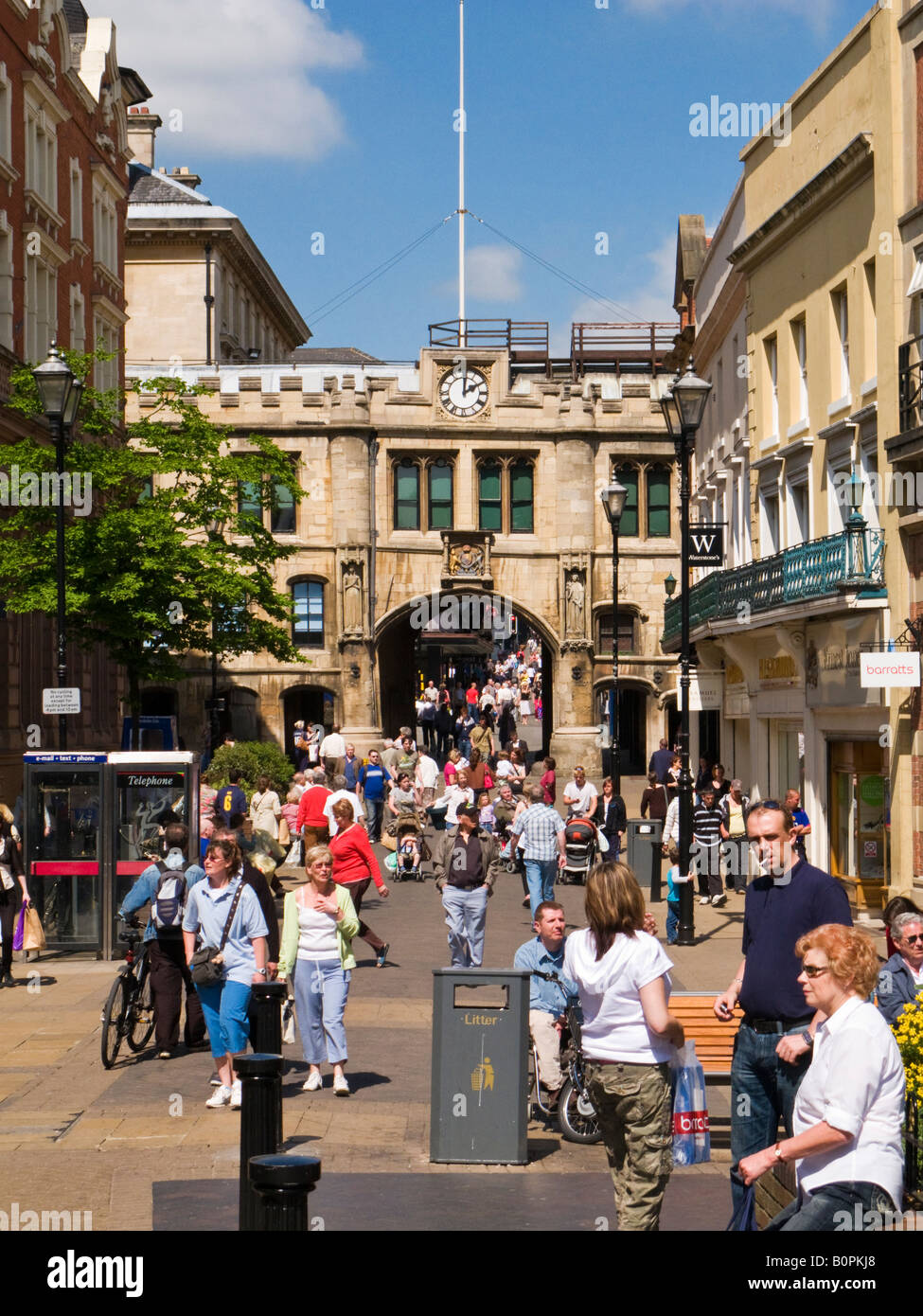 High street, Lincoln, UK with Stonebow Gate in the background Stock ...
