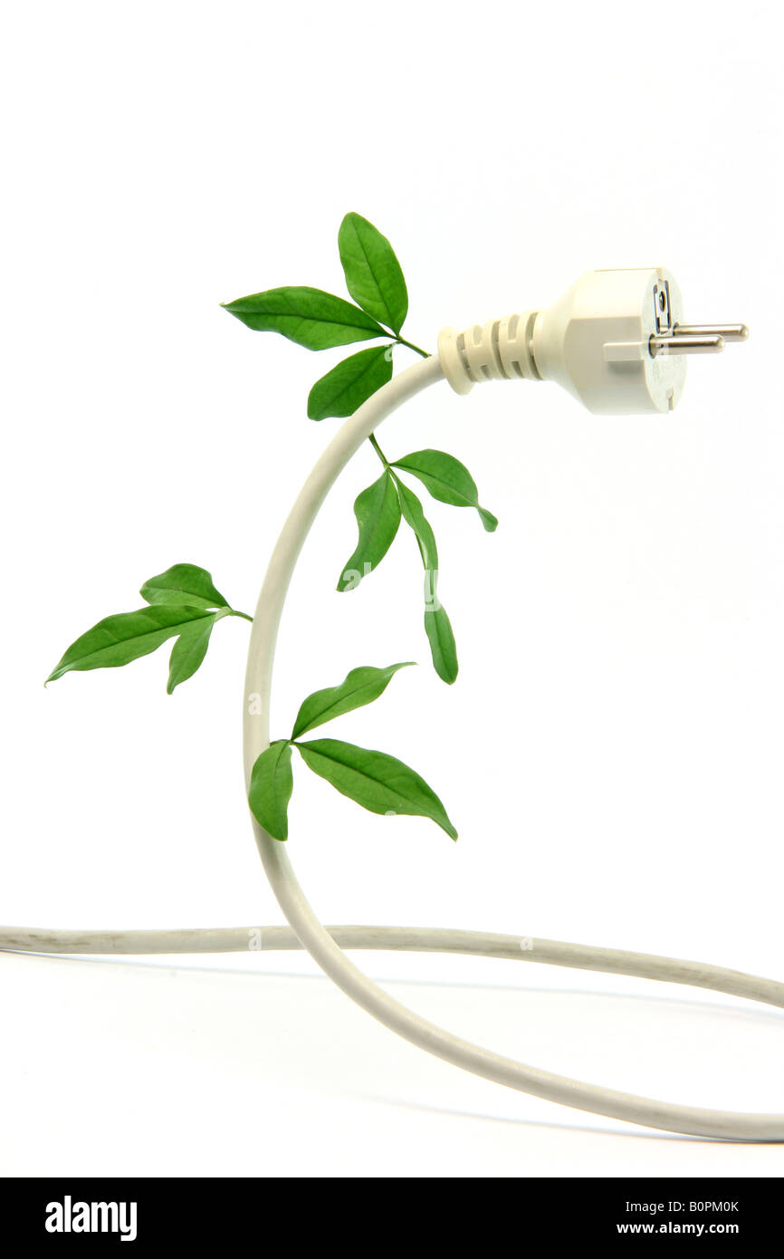 green energy ecological concepts power plug and cable with green leaves ...