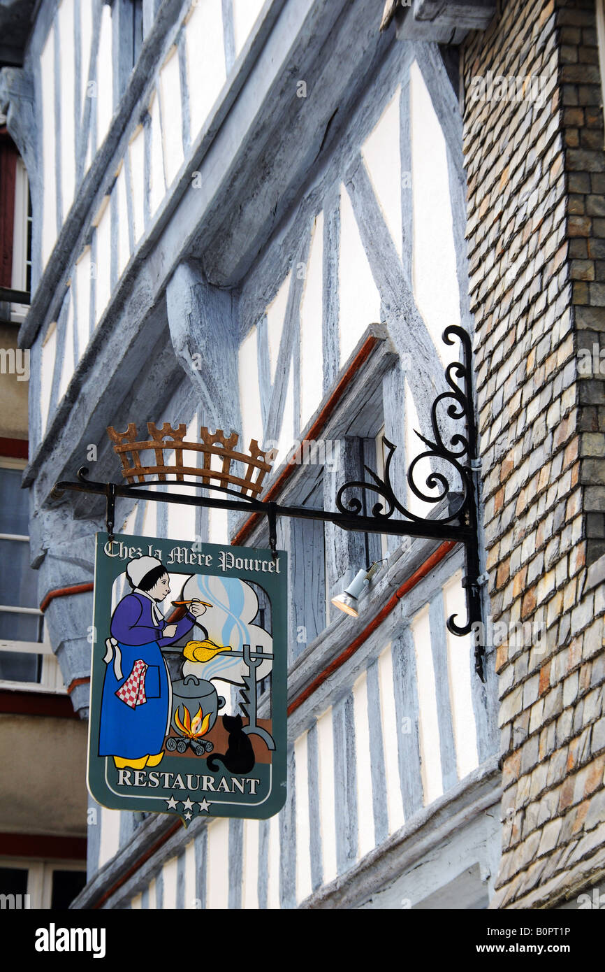 A traders sign above a restaurant in the medieval heart of Dinan a town ...