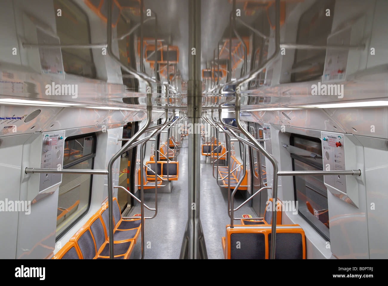 Interior of empty Metro car, showing seating, hand rails, doors, and ...