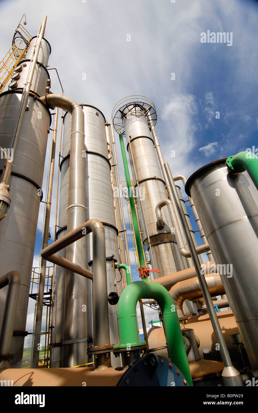 Distillery towers at Moema sugar and ethanol mill Oridiunva state of ...
