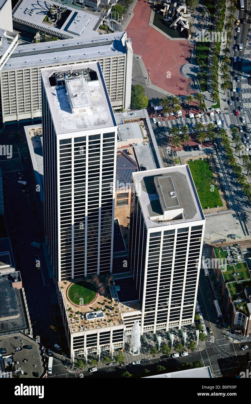 High aerial overview above san francisco financial district ...