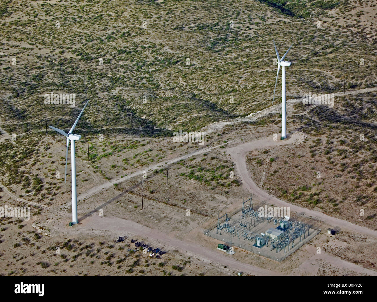 aerial above wind turbine and sub station electrical generation plant ...