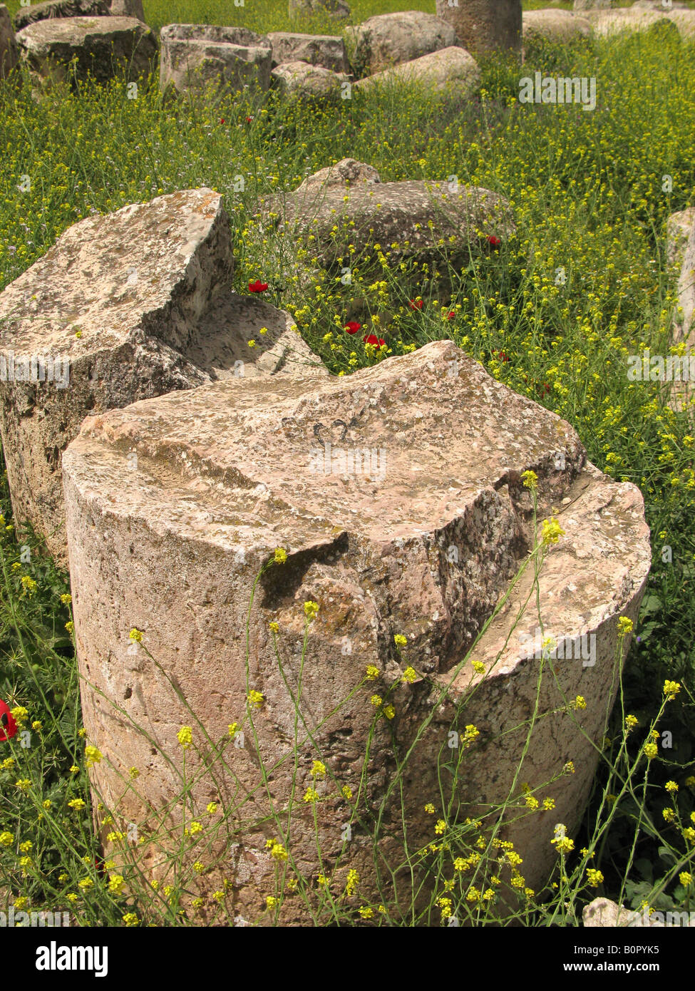 Crumbled column in the Roman ruins of the ancient town of Jerash in ...
