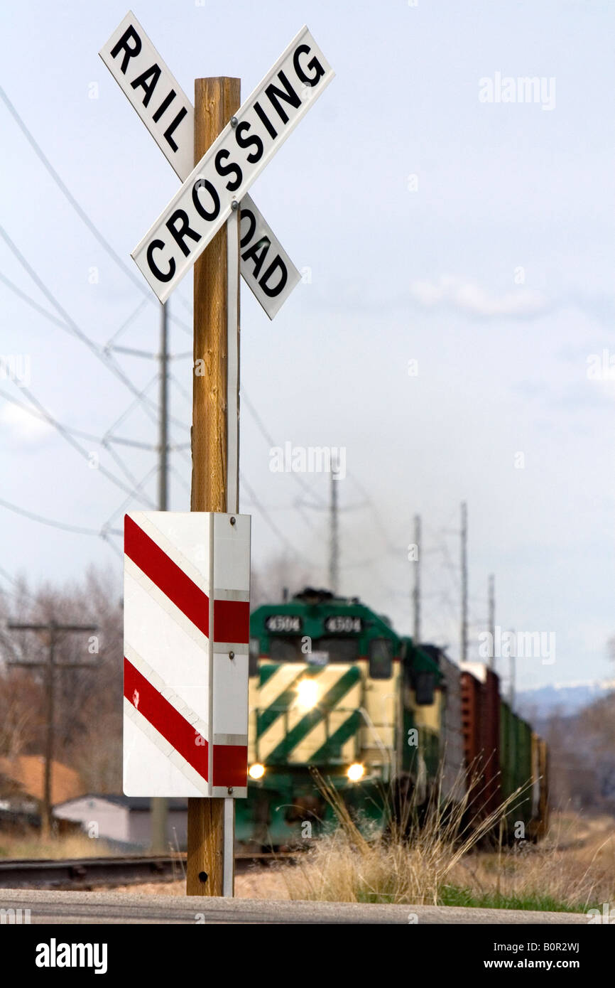 Locomotive approaching a railroad crossing in Boise Idaho Stock Photo ...