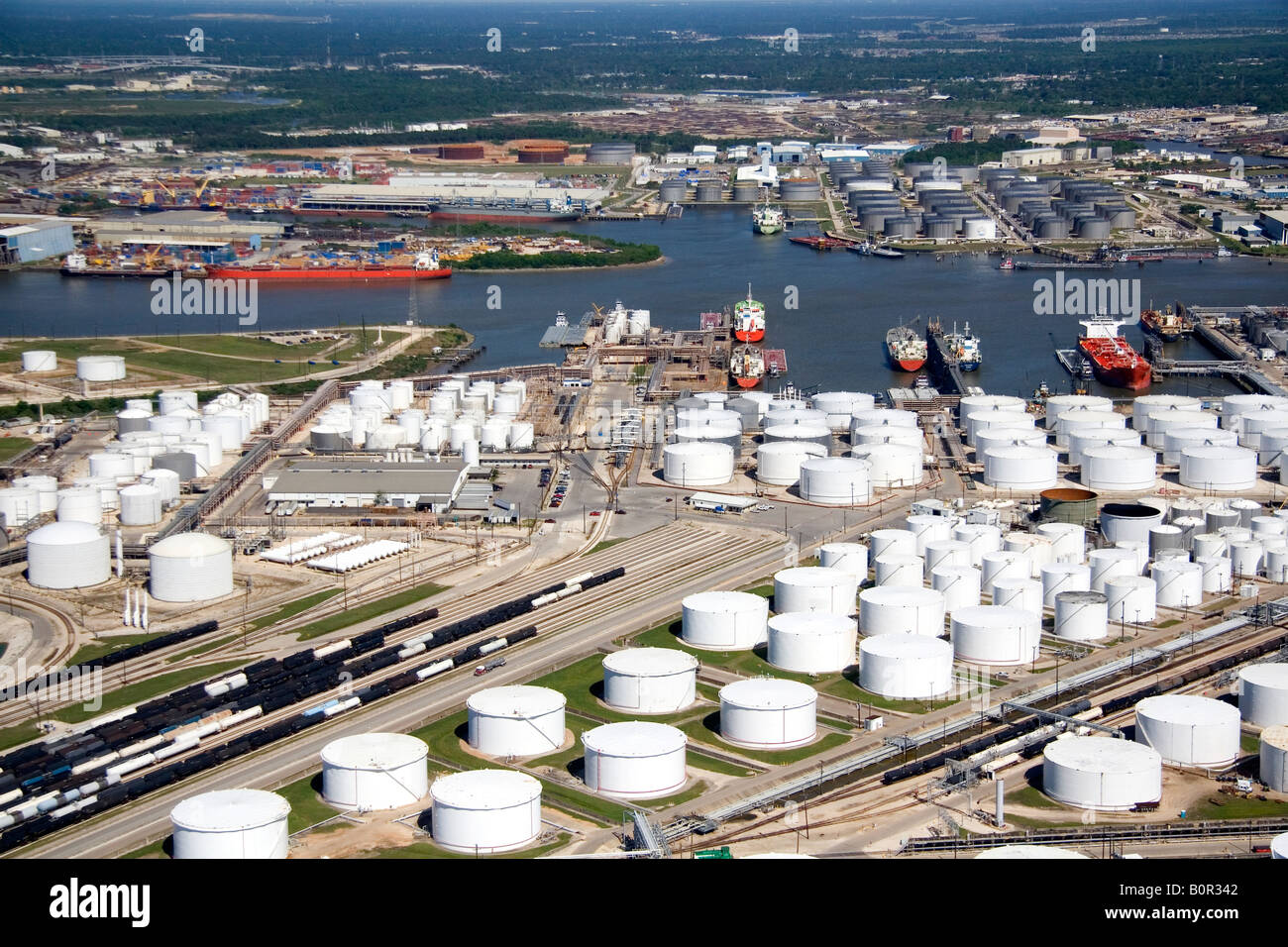 Aerial view of oil refineries along the Houston Ship Channel in Houston ...