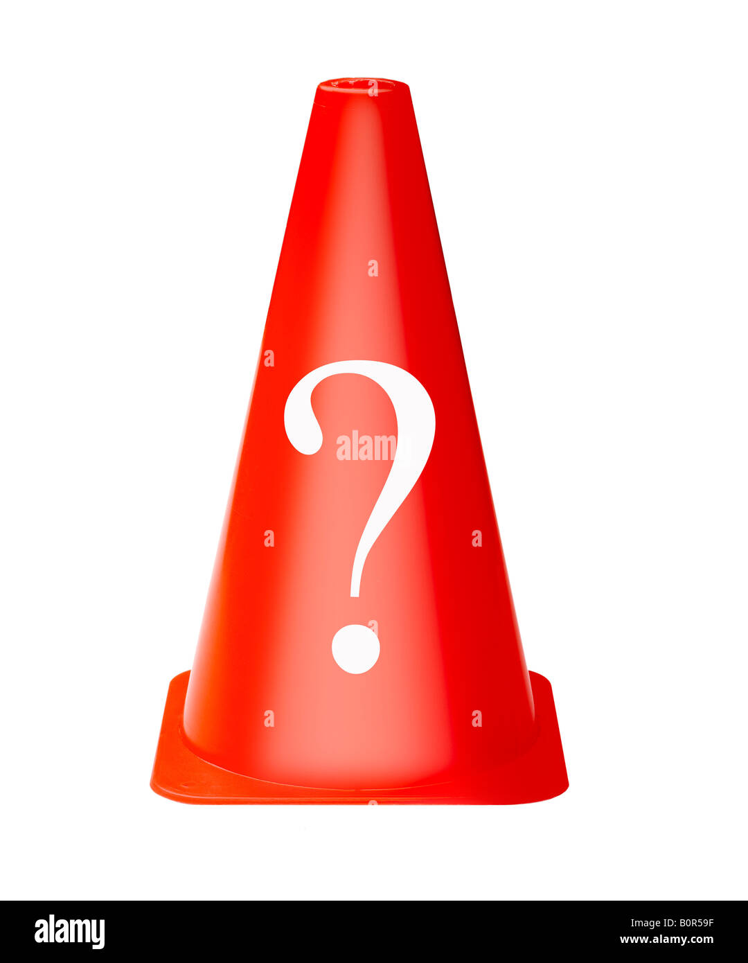 bright red safety cone with question mark sign printed on against white ...