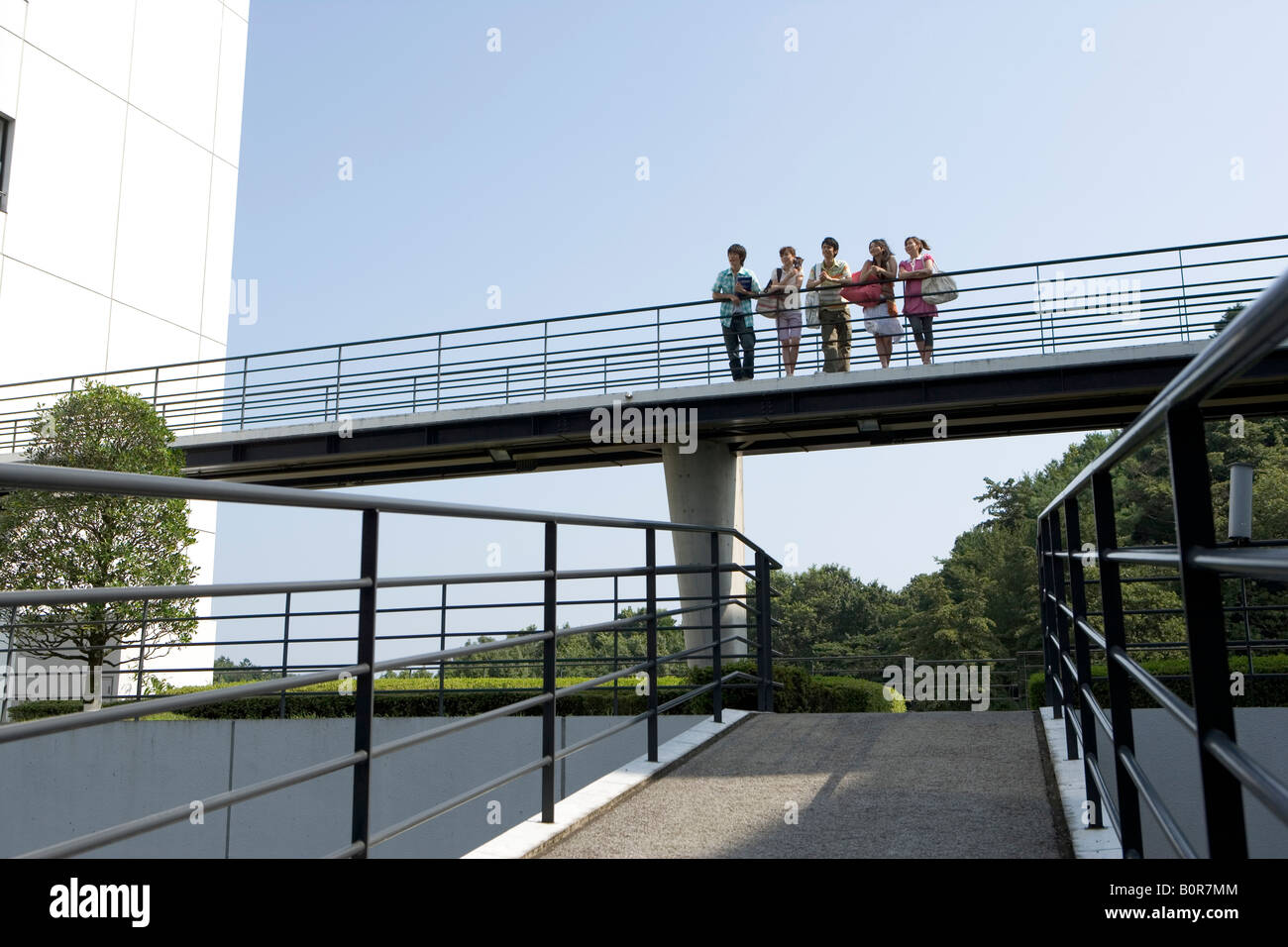 Five young people leaning on railing Stock Photo - Alamy