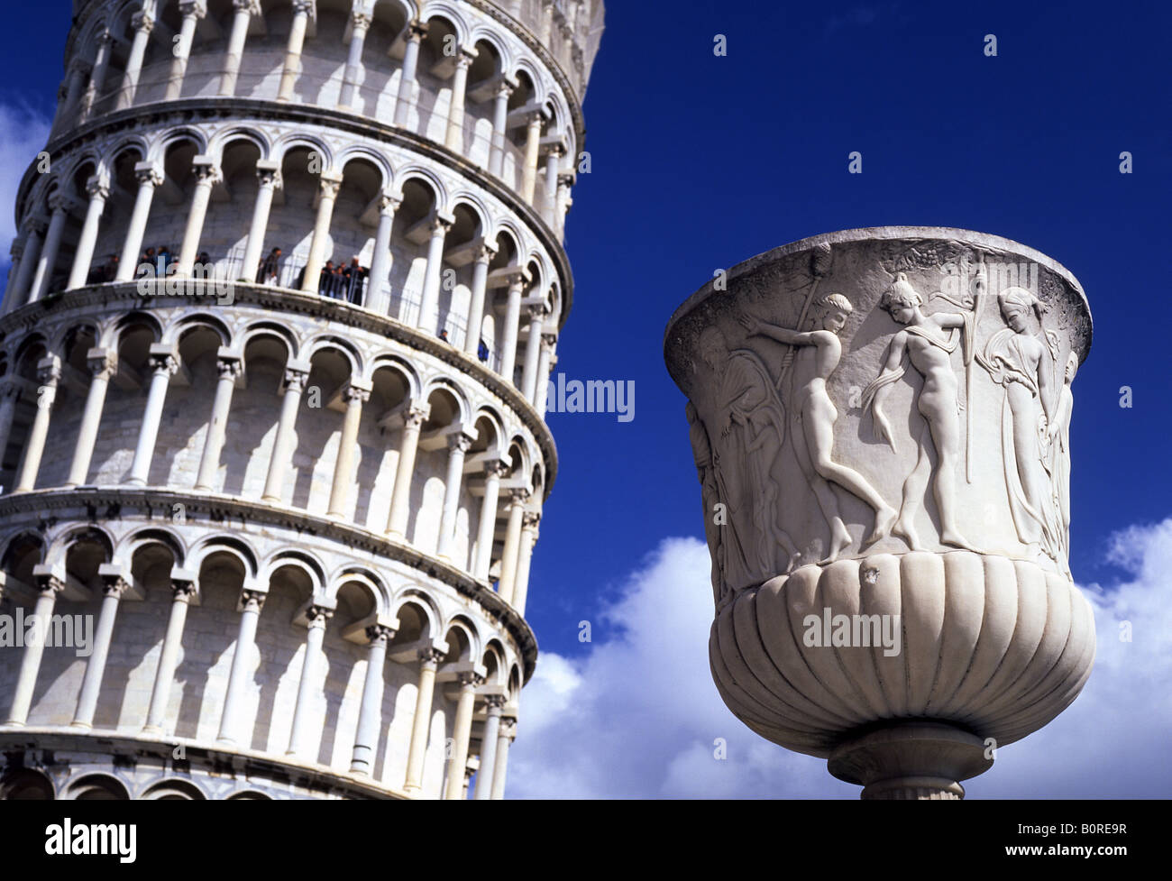 Ornamental urn and Leaning Tower of Pisa Piazza del Duomo Campo dei ...