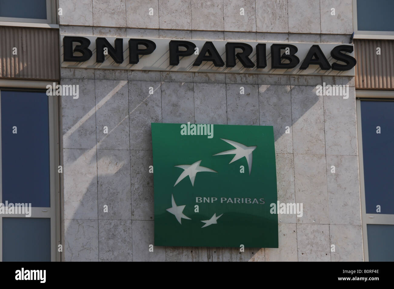 Sign and logo of the French bank BNP Paribas outside its main branch in ...