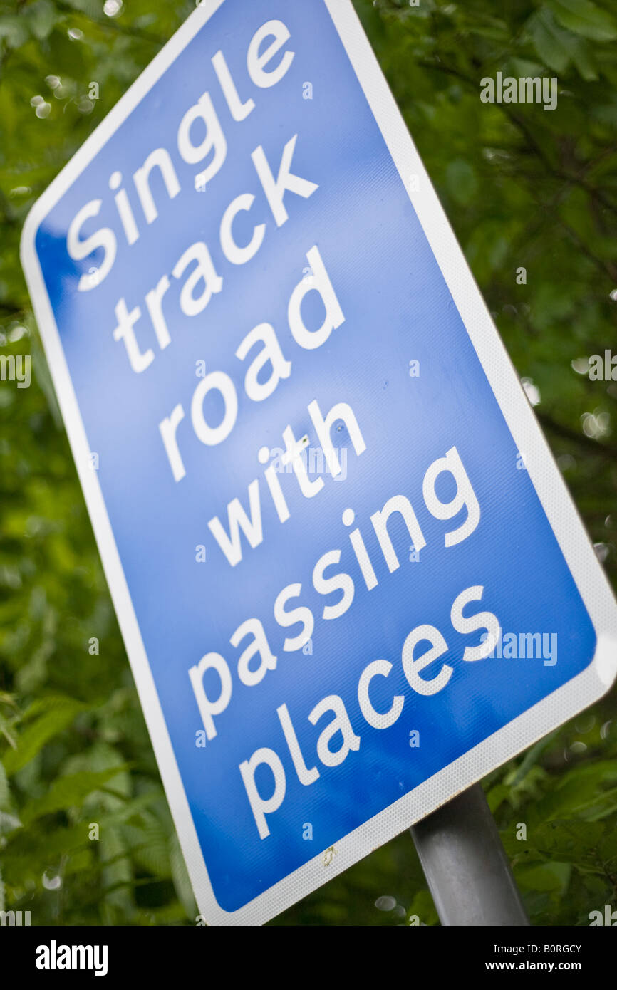 Sign saying Single Track Road with Passing Places Stock Photo - Alamy