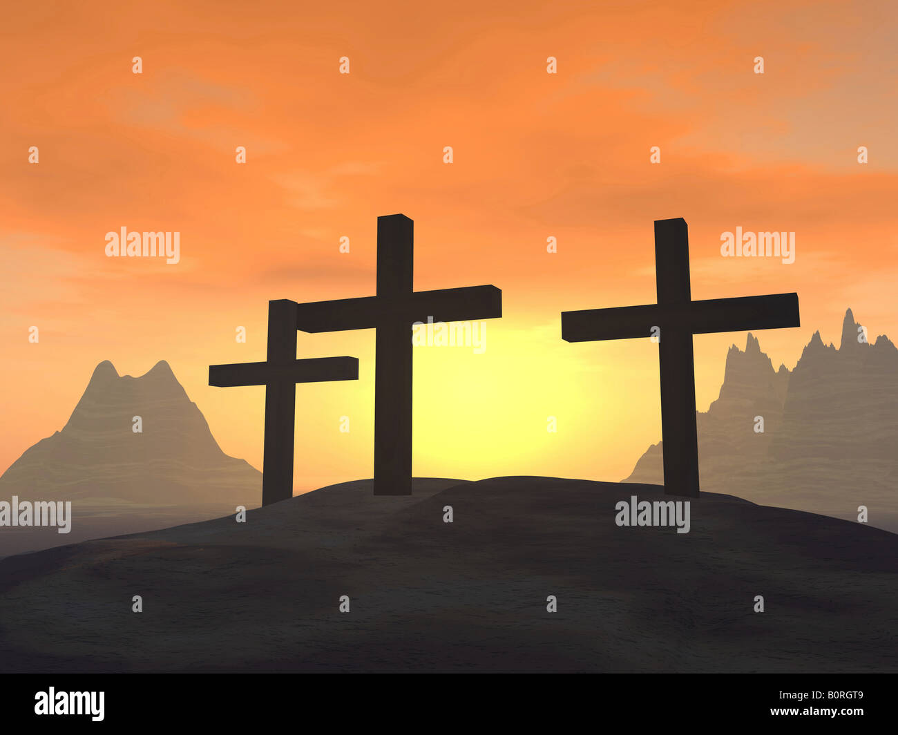 Three crosses on a hill on a background of a sunset Stock Photo - Alamy