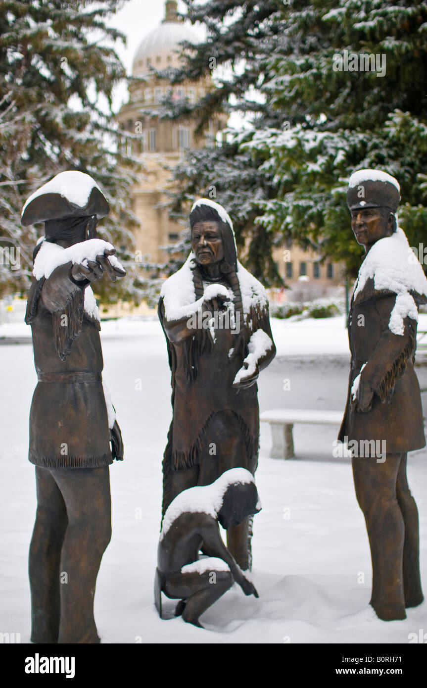 Idaho Boise Downtown statues of Lewis and Clark with fresh snow Stock ...