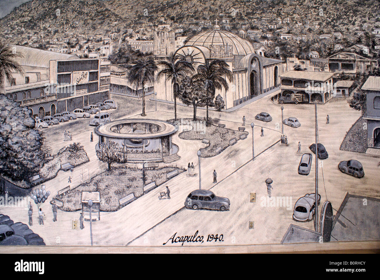Mural showing the Zocalo in downtown old Acapulco, Mexico, in 1940 ...