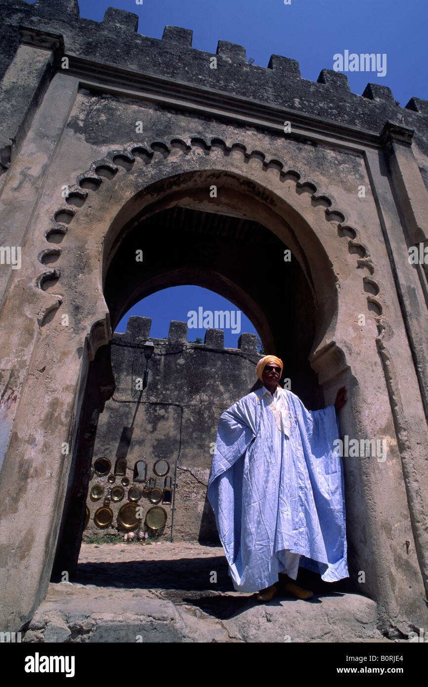 Morocco, Tangier, Kasbah, Bab El Assa gate, moroccan man wearing ...