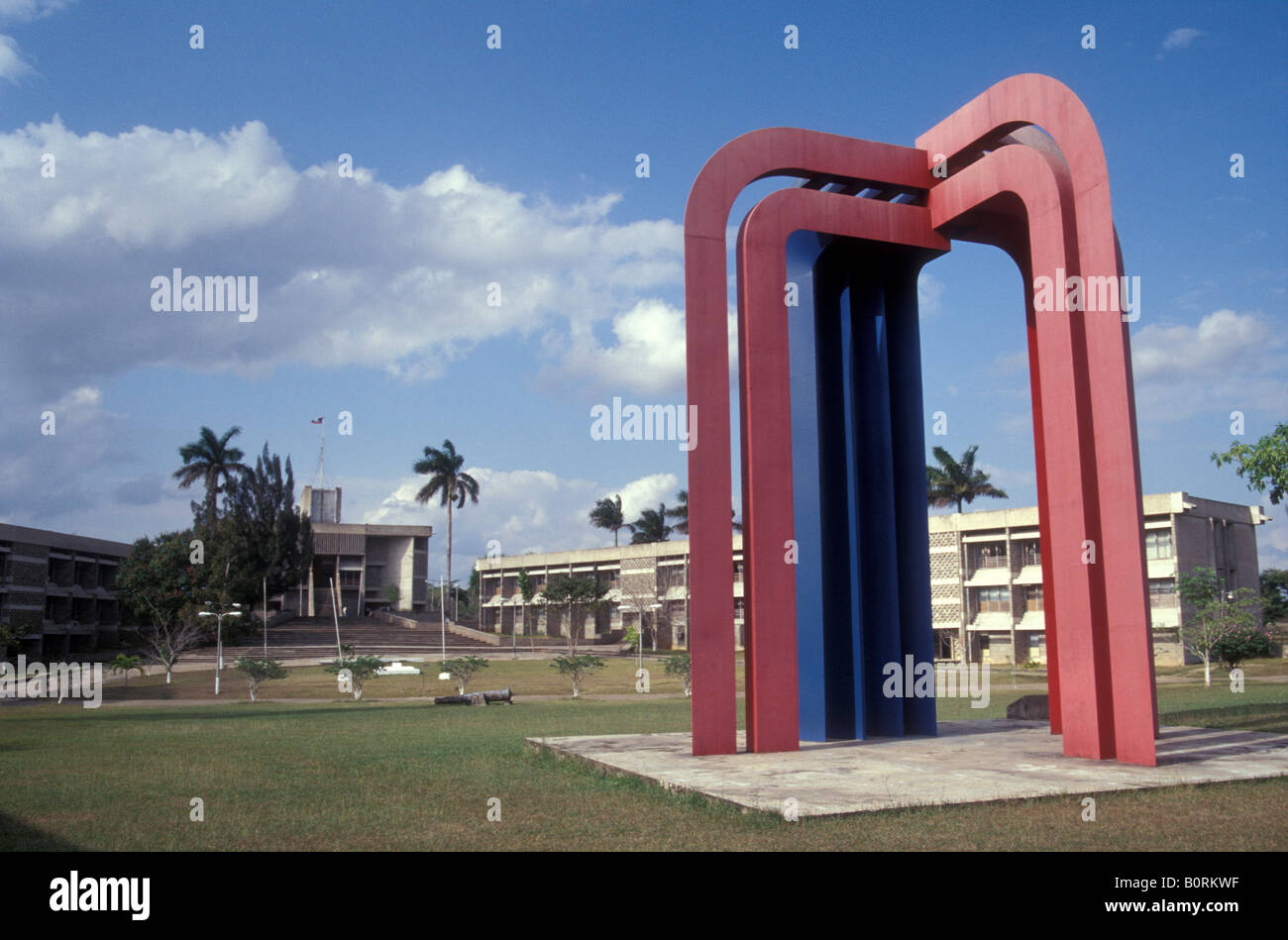 Abstract metal sculpture in front of government buildings on ...