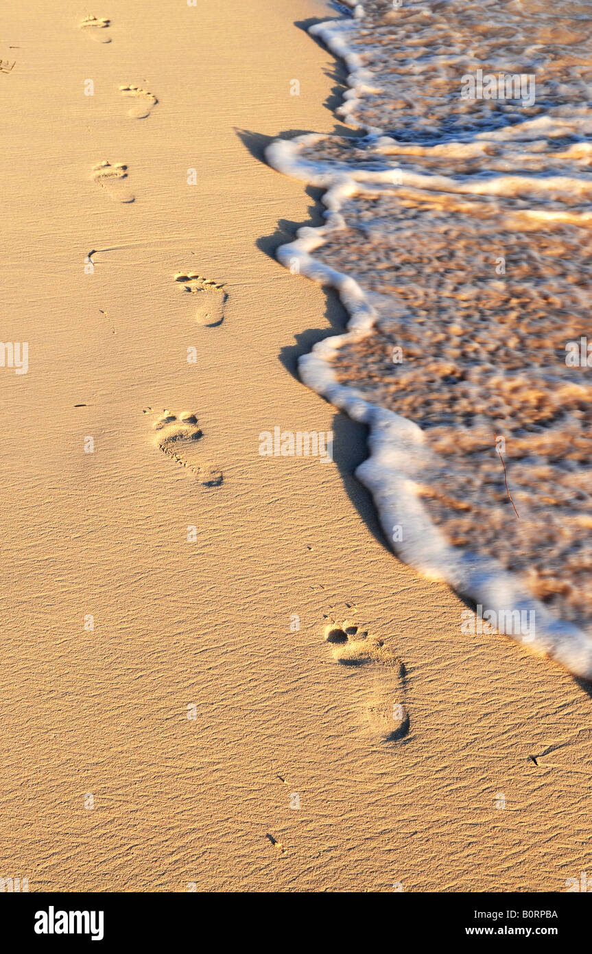 Tropical sandy beach with footprints and ocean wave Stock Photo - Alamy