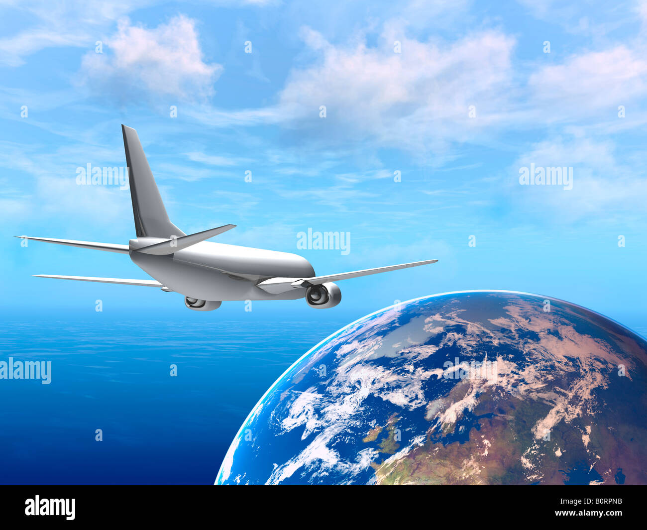 Airplane in blue sky above earth Stock Photo - Alamy