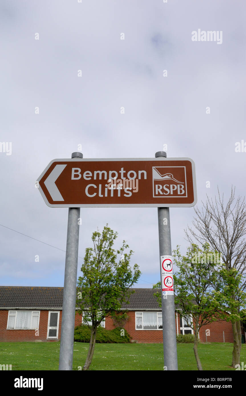 Directional road sign for RSPB reserve Bempton Cliffs located on Cliff ...