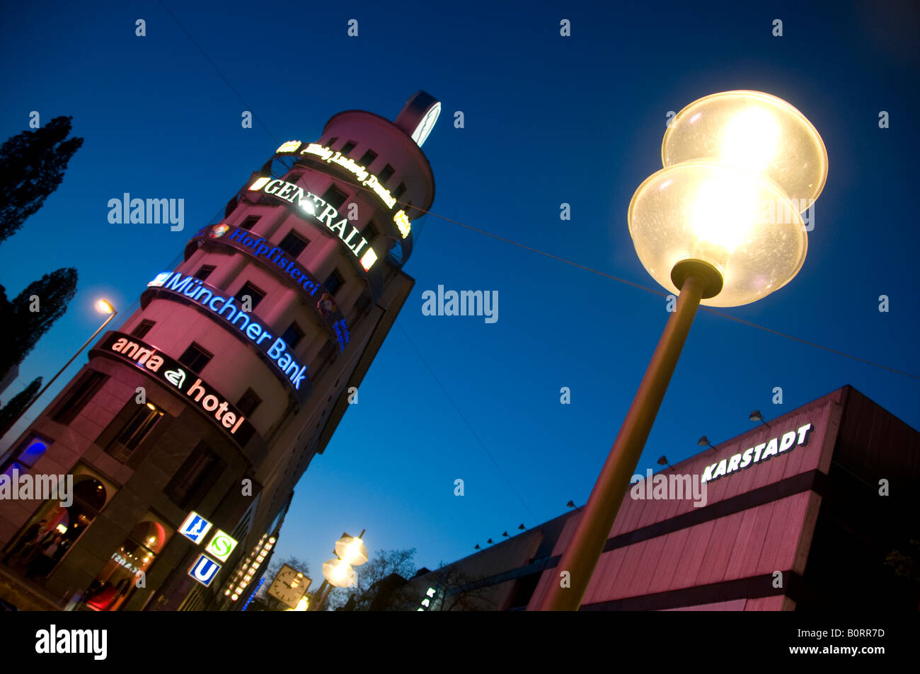Building lit up at night in the city of Munich capital of Bavaria ...