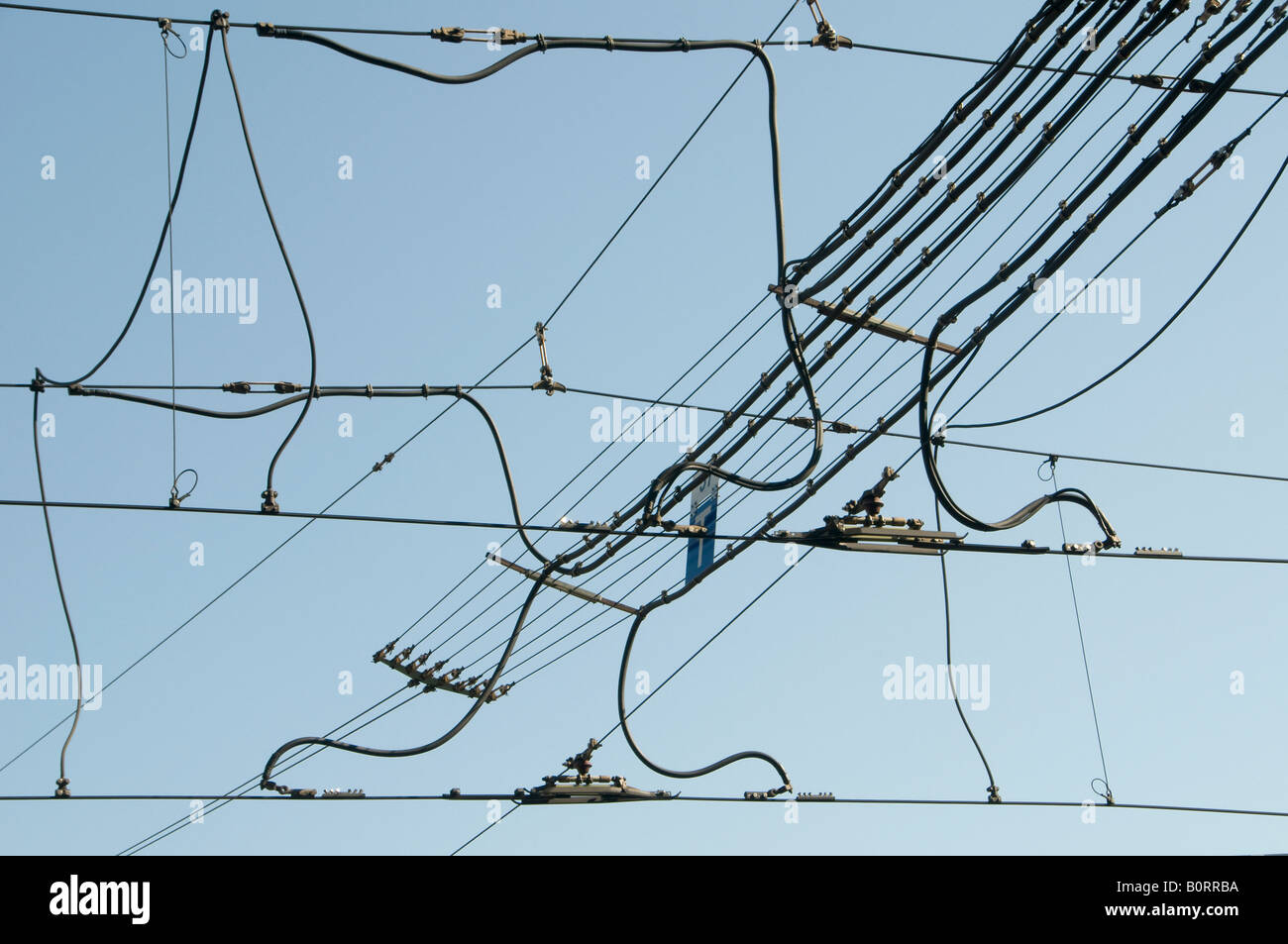 Electric tram cables in the city of Munich capital of Bavaria. Germany ...