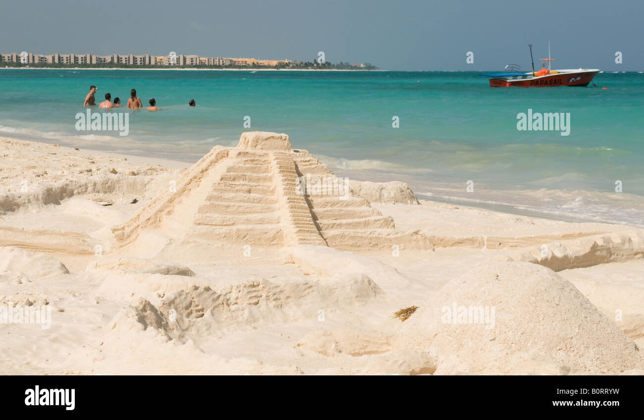 Sand castle of Chichen Itza on the beach at Playa del Carmen Mexico ...