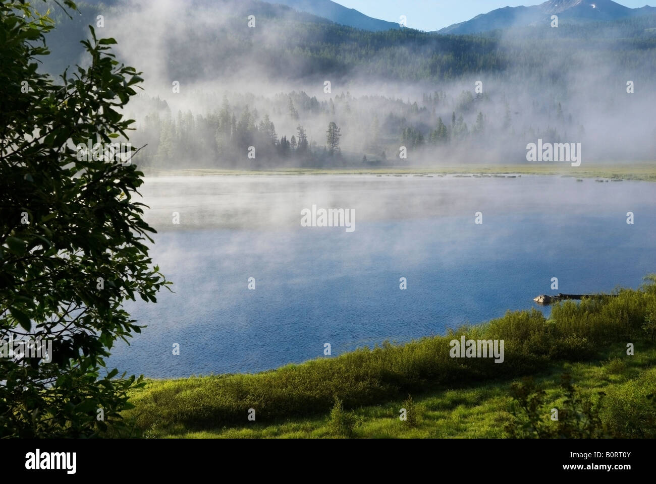 Morning fog on mountai lake Stock Photo - Alamy