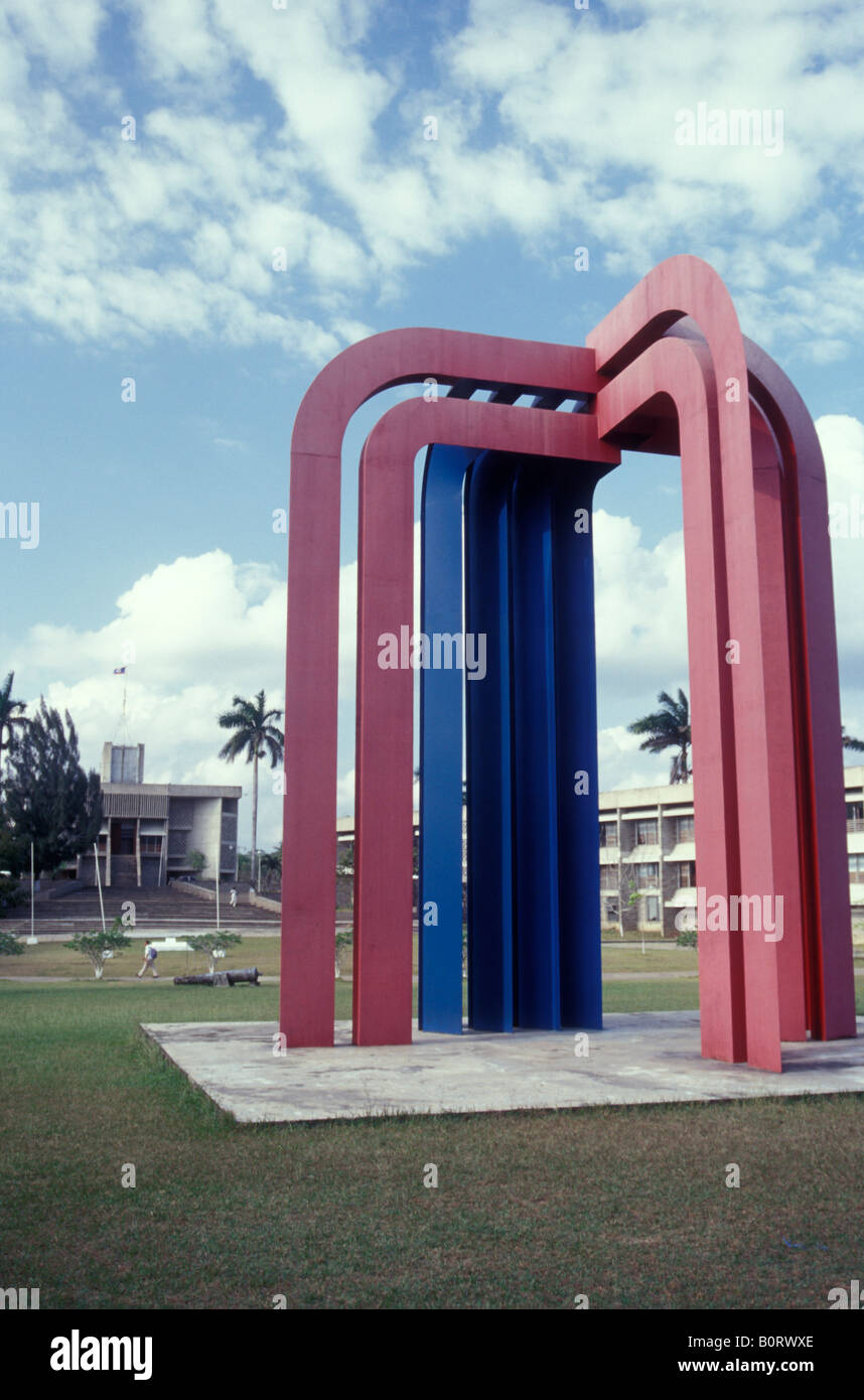 Abstract metal sculpture in front of government buildings on ...