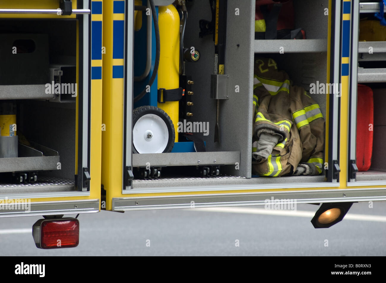 close up detail volunteer fire truck accessories Stock Photo - Alamy