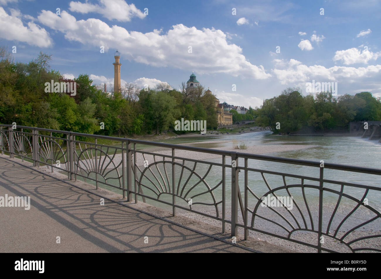 View toward Haidhausen area from Kabelsteg bridge over Isar River in ...