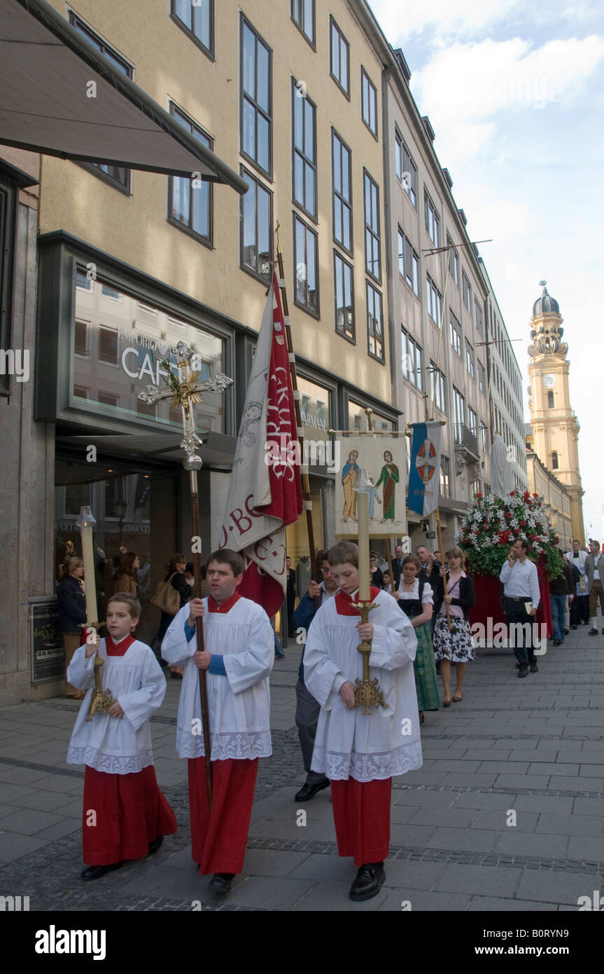 Germans taking part in a Catholic parade in Marienplatz, town hall, in ...