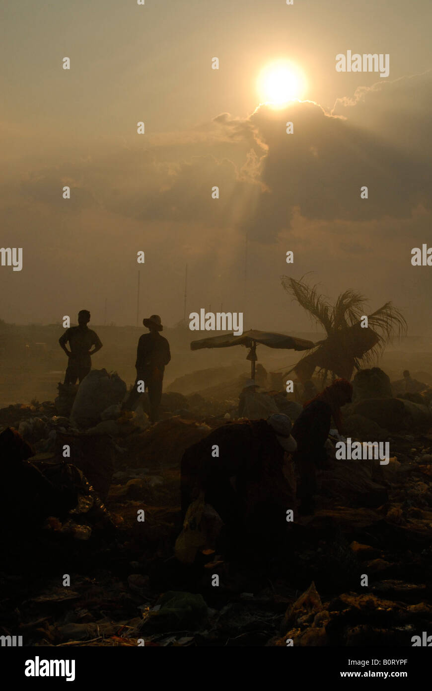 its nearly sunset but garbage pickers still doing thier work at rubbish ...