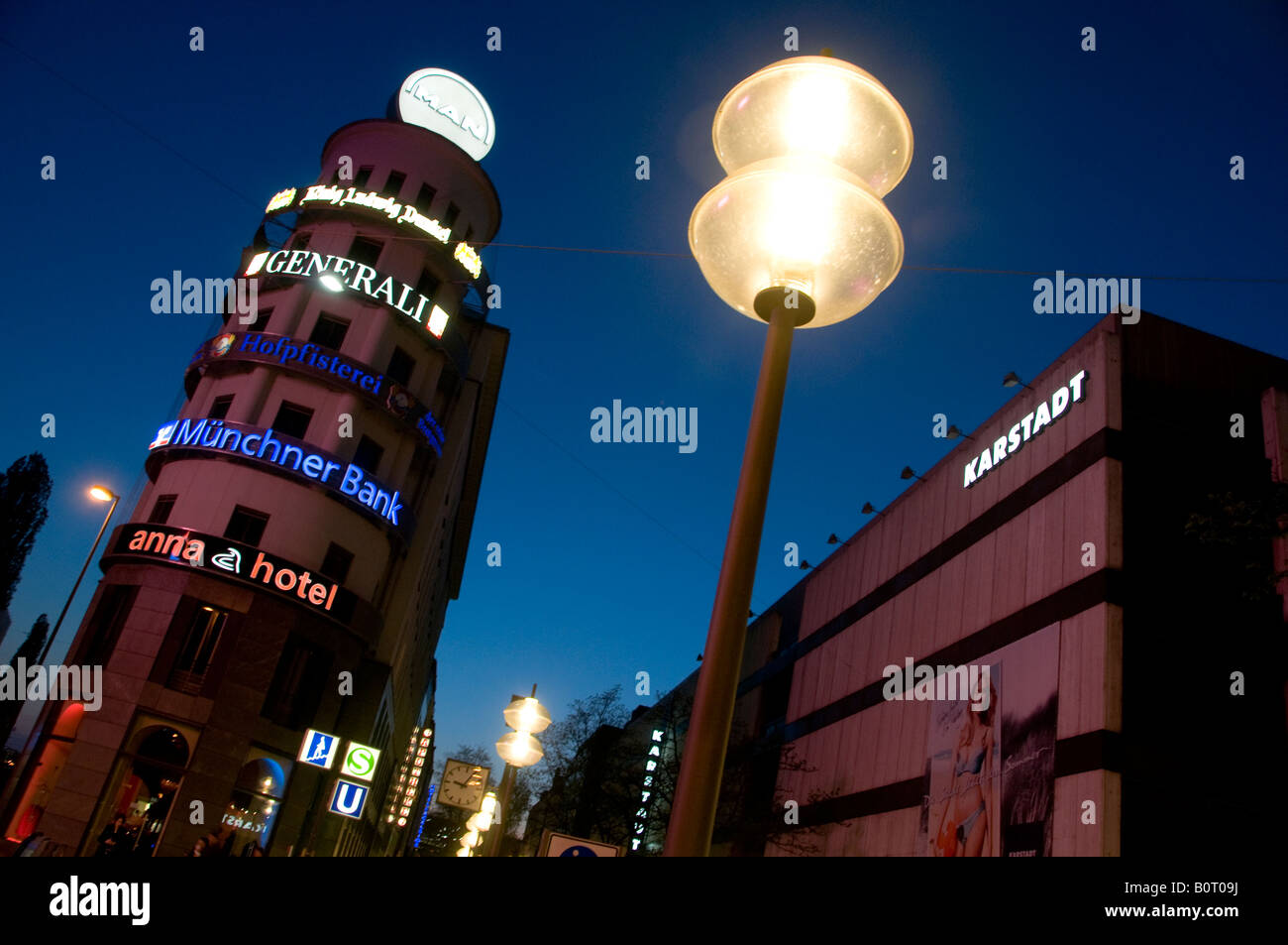Building lit up at night in the city of Munich capital of Bavaria ...