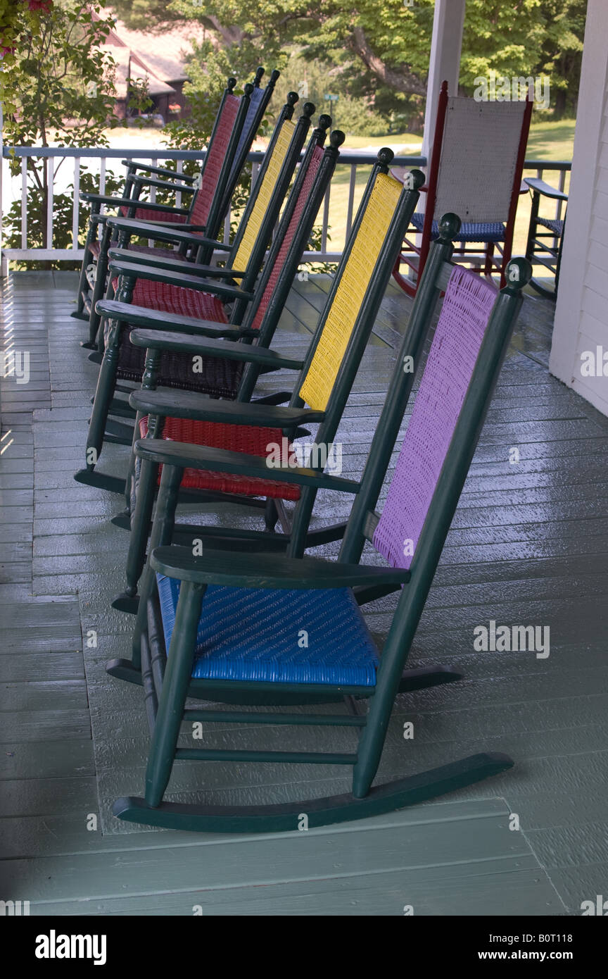 colorful wicker rocking chairs on porch of vacation hotel Inn, New ...