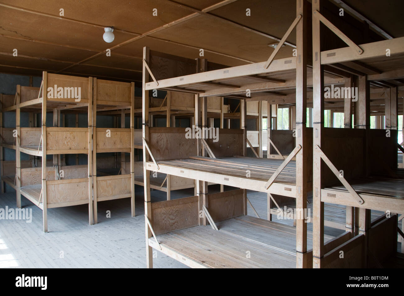 Wooden triple bunks inside prisoners' barracks in Dachau concentration ...