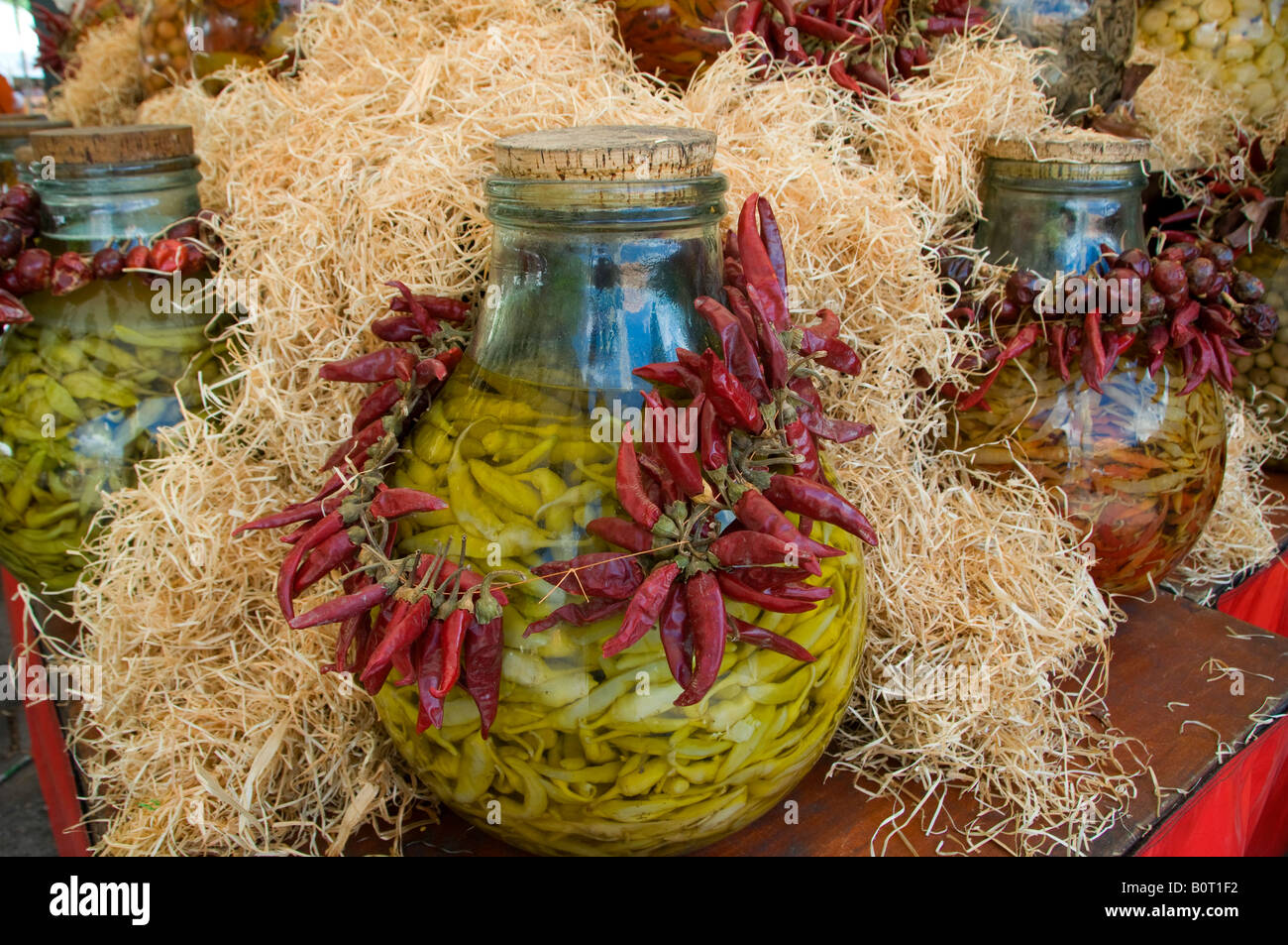 Red and green chilly pepper for sale at Viktualienmarkt market, in the ...