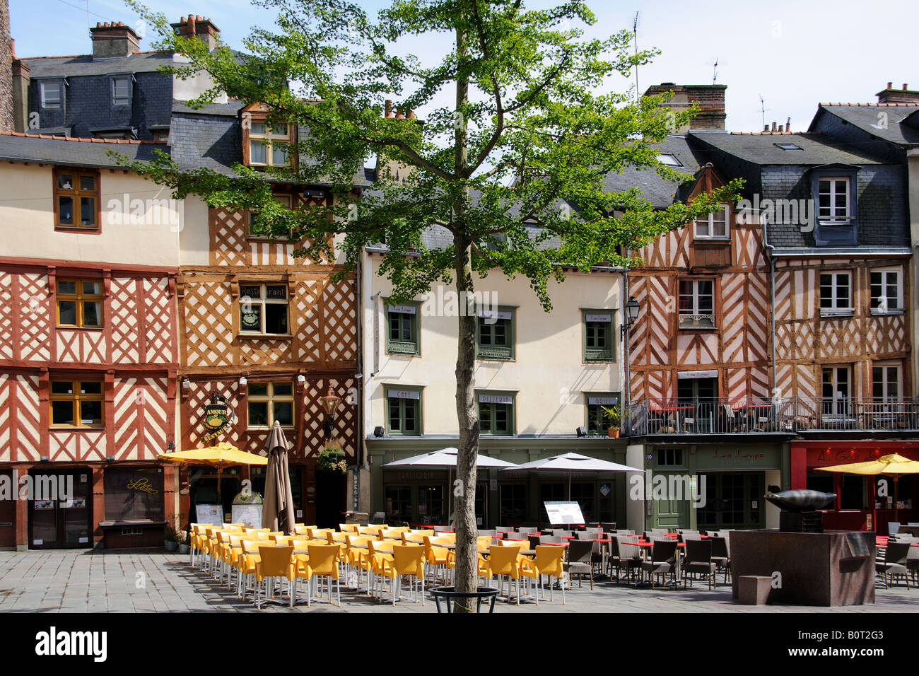 Medieval houses and restaurants in the old centre of Rennes Brittany ...