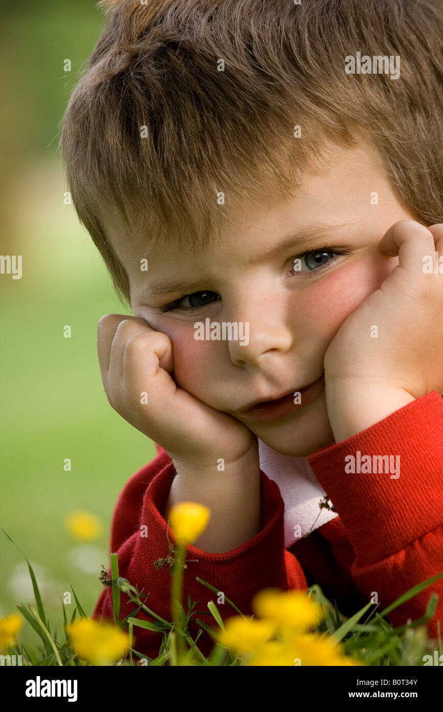 Slightly sulking young boy lying in buttercups Stock Photo - Alamy