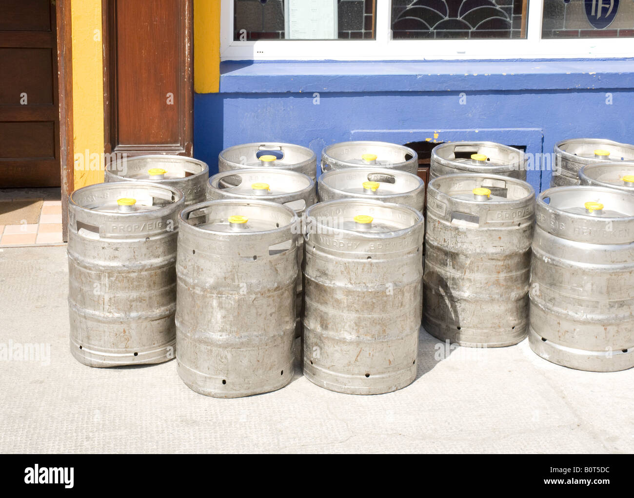 Beer kegs outside a public house in the seaside resort town of Kilkee ...