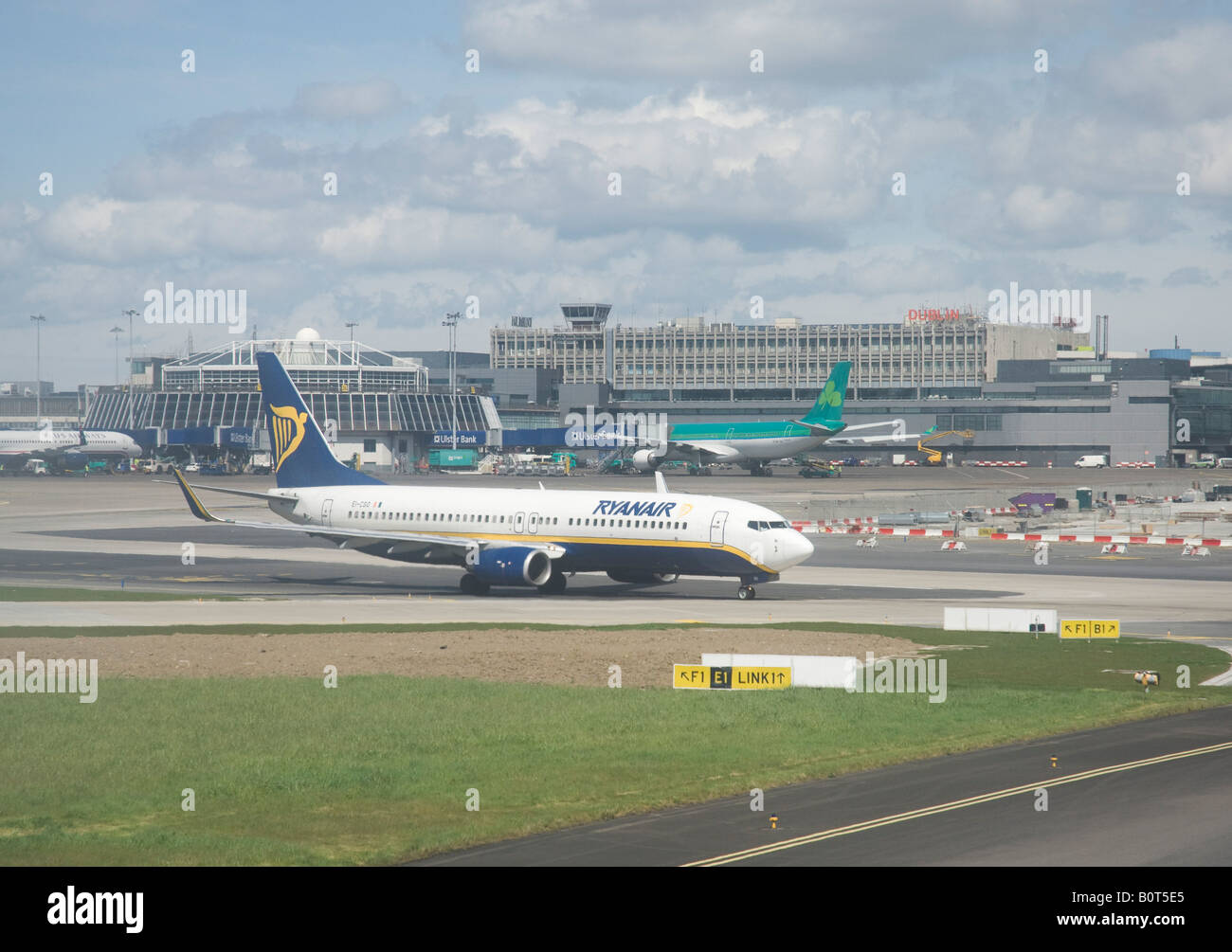 A Ryanair commercial passenger jet on the tarmac at Dublin Airport with ...