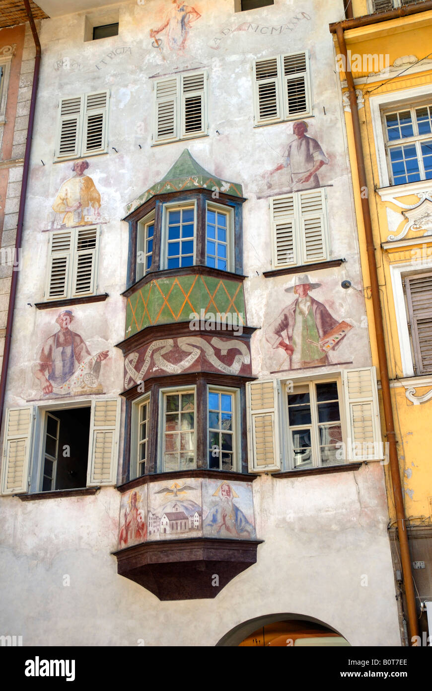 Decorated buildings in the stylish city of Bolzano in the Italian Tyrol ...