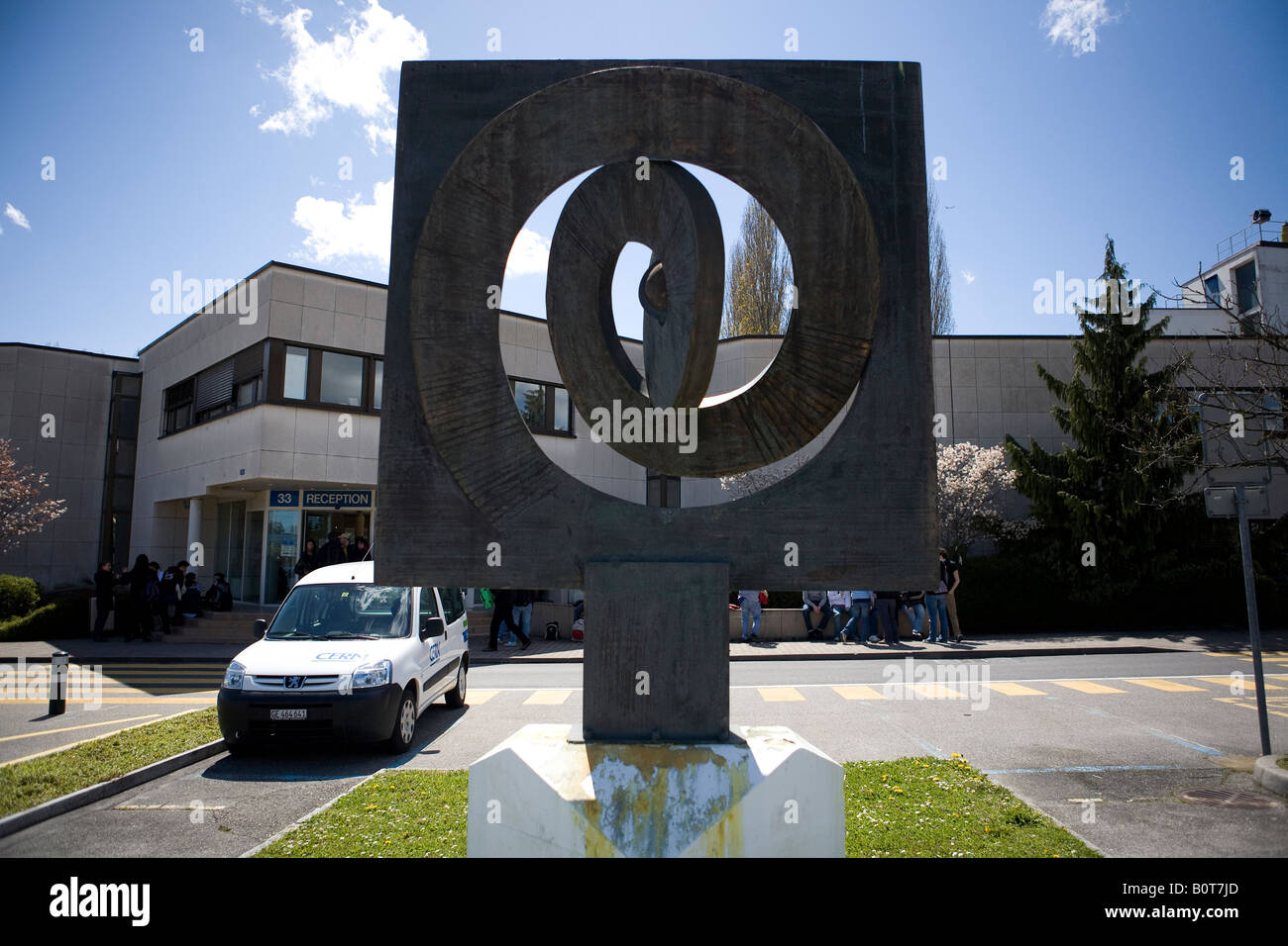 Reception at CERN with atom sculpture Geneva Stock Photo - Alamy