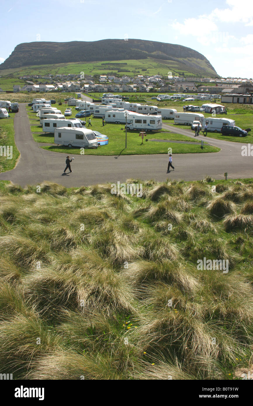 campsite at Strandhill in County Sligo with the mountain of Knocknaree ...
