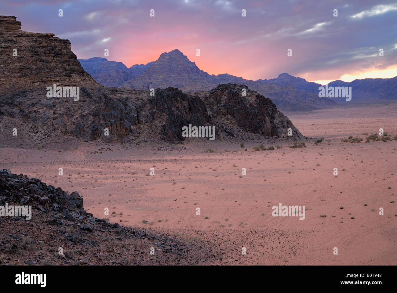 sunset in desert of Wadi Rum Jordan Arabia Stock Photo - Alamy