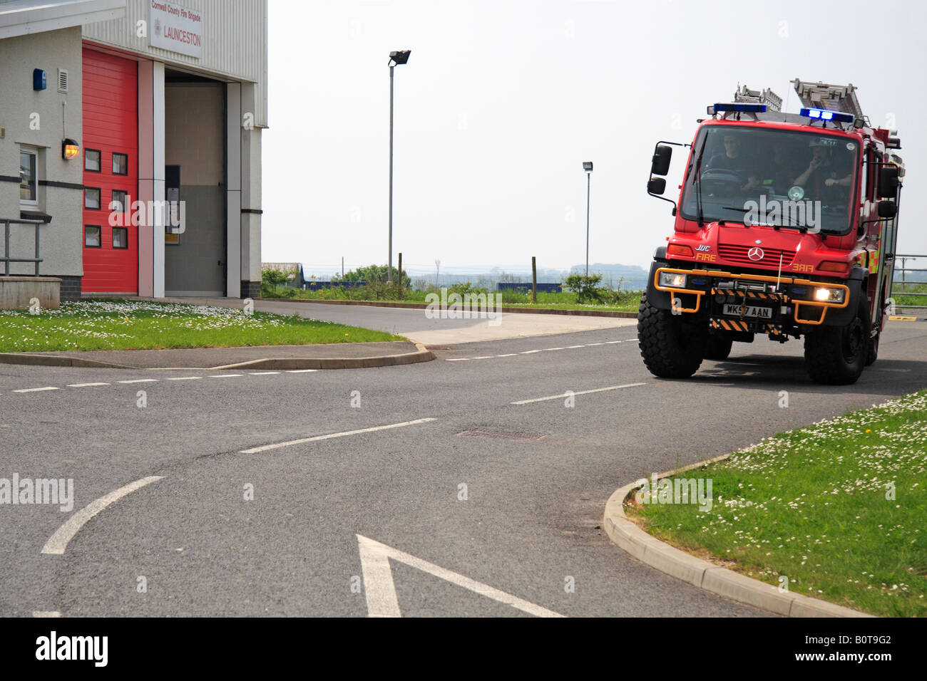 Mercedes fire engine turning out from Launceston fire station, Cornwall ...
